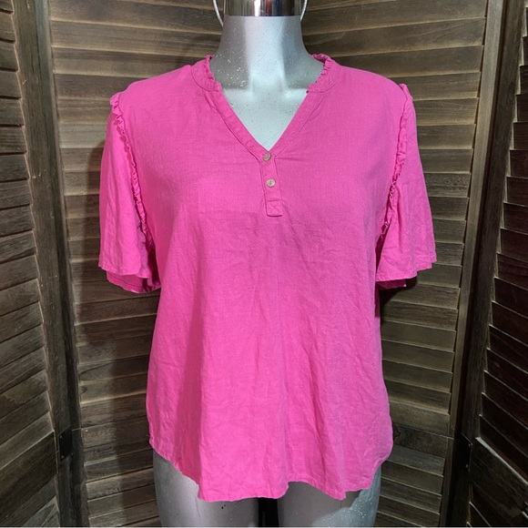 QVC | Tops | Qvc Candace Cameron Bure Linen Pink Top Ruffle Trim V Neck ...